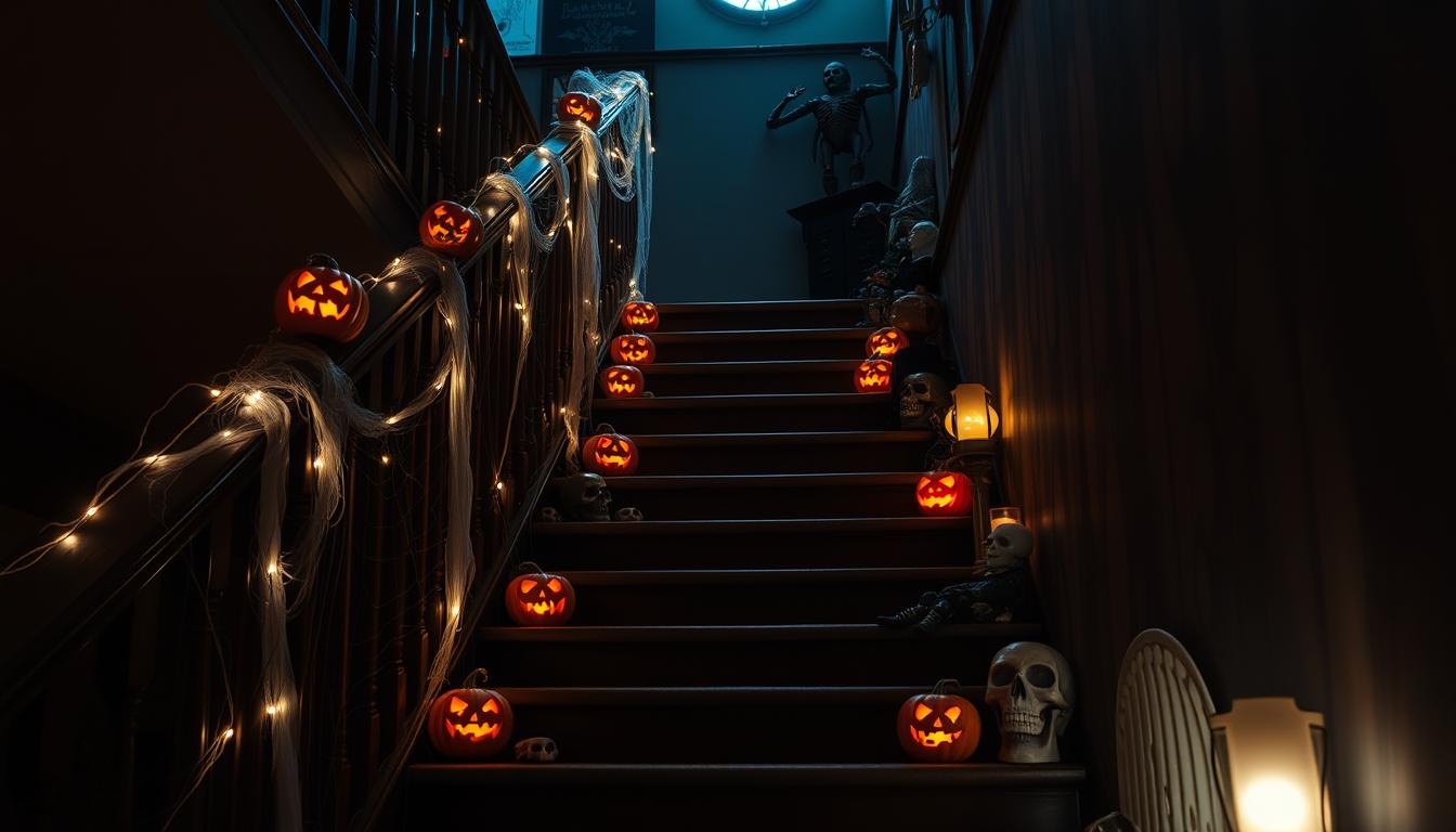 Halloween stairway decorations with cobwebs and lights